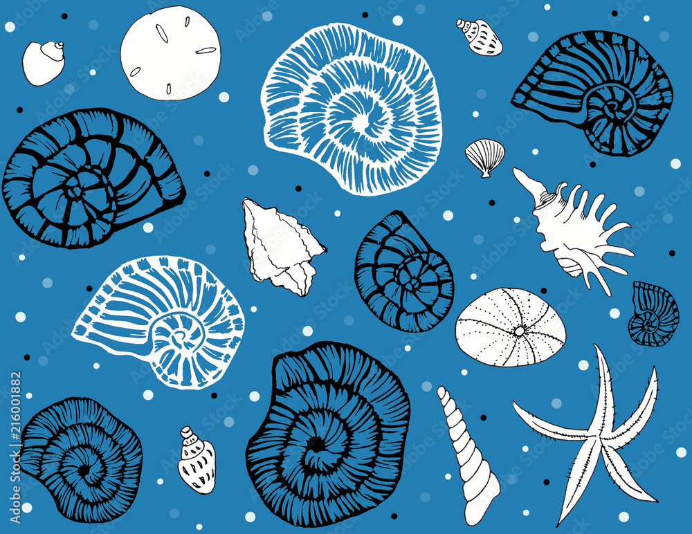 Sea shells repeat pattern on blue bg Stock Illustration | Adobe Stock