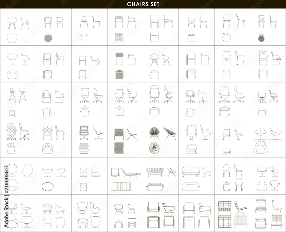 A set of chairs, armchairs, sofas, chaise lounges. Vector. Isolated on ...