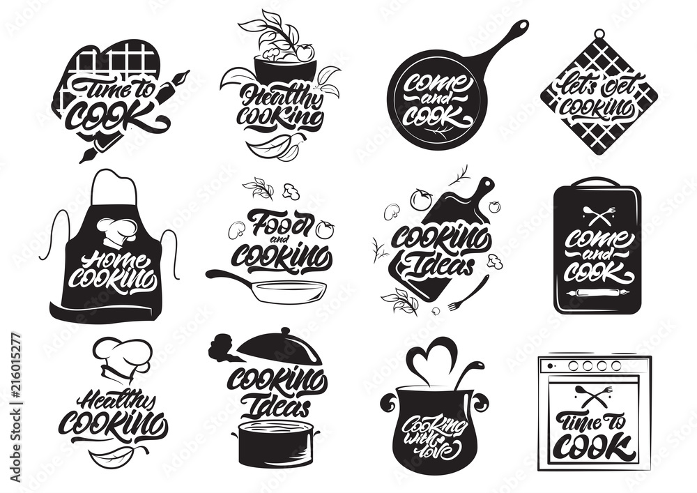 Cooking logos set. Healthy cooking. Bon appetit. Cooking idea. Cook ...