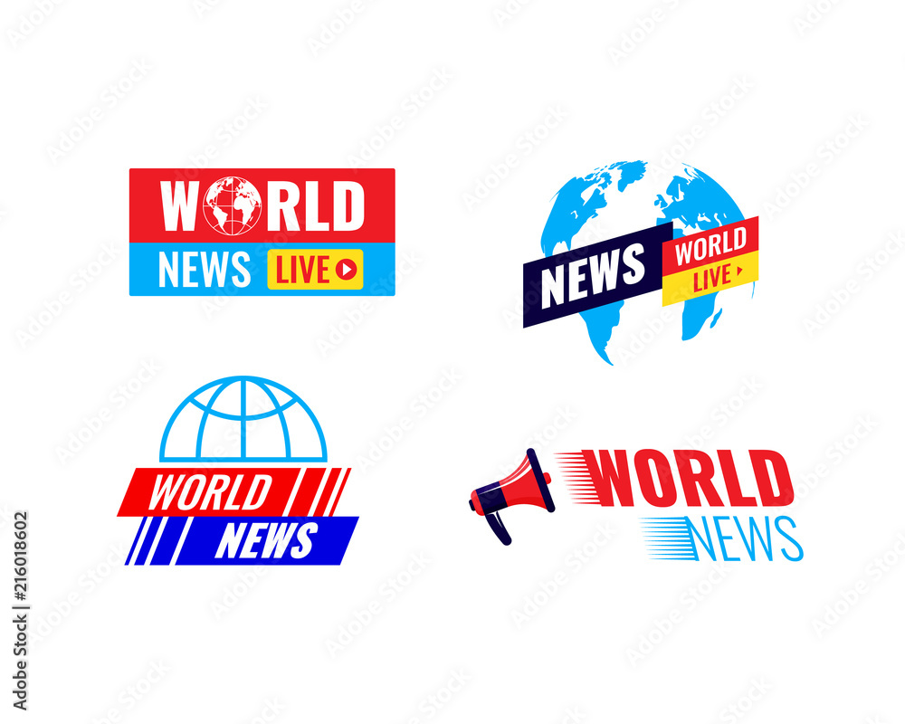 Set logos, logotypes, breaking news broadcast, social media emblems ...