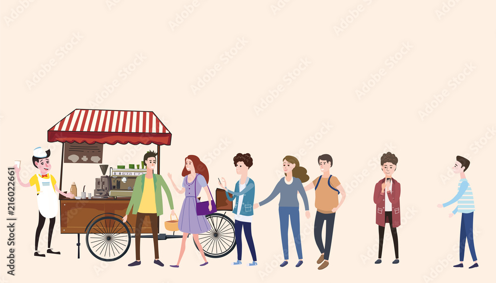 Coffee cart, barista, colored coffee shop outdoor composition, city ...