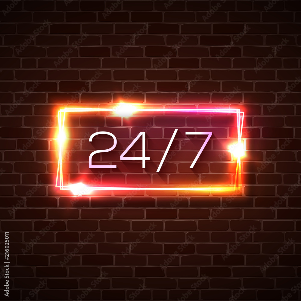 Open 24 7 hours neon light sign on brick background. 24 hours night ...