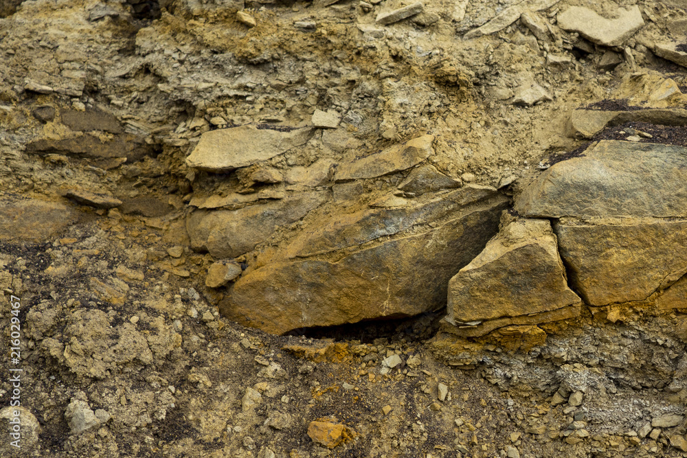 Soil cut-sandstone, stones, clay, sand structure and layers. slice of ...