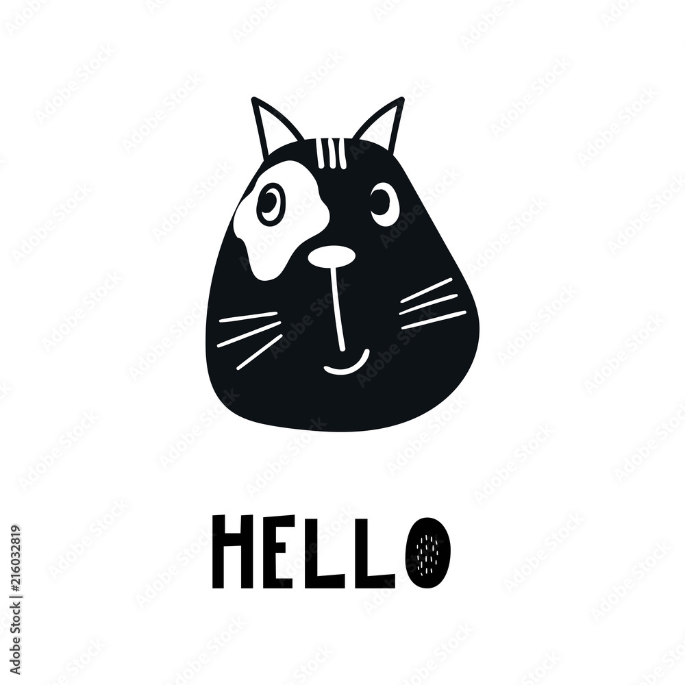 Hello - Cute hand drawn nursery poster with cartoon cat character and ...