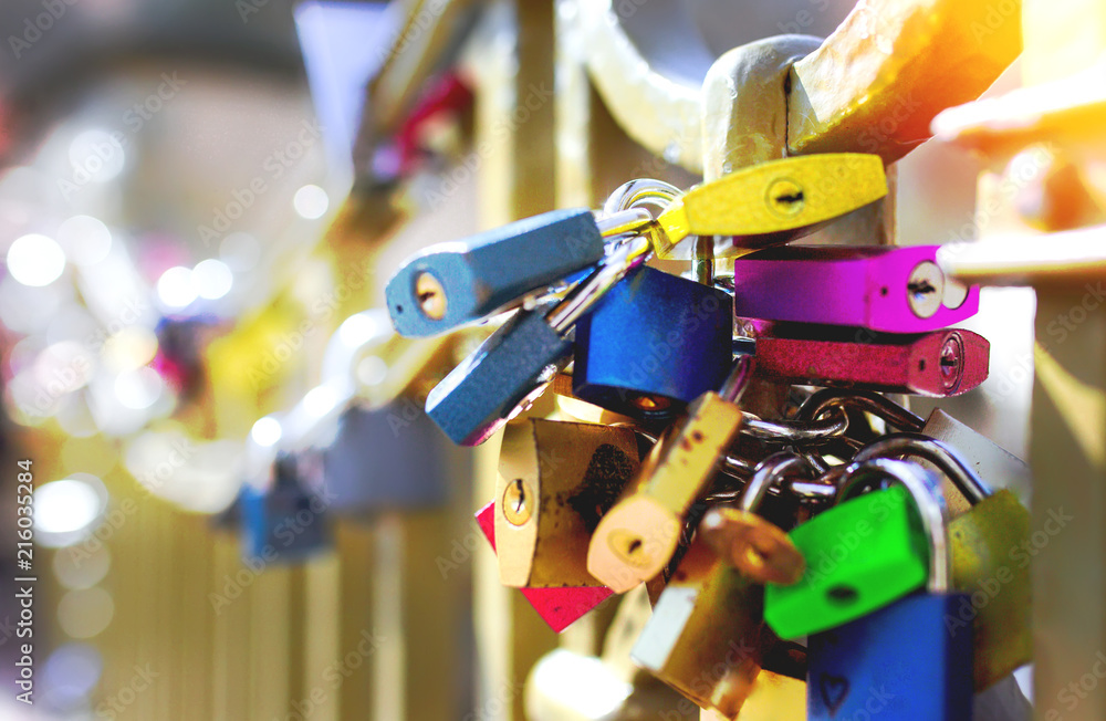 Extremely colourful set of Metal locks. A bunch of Heart fastened ...