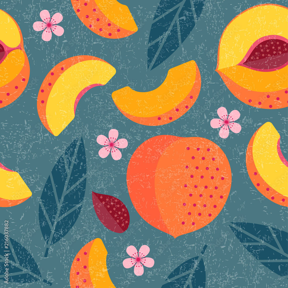 Peaches seamless pattern. Whole and sliced peaches with leaves and ...