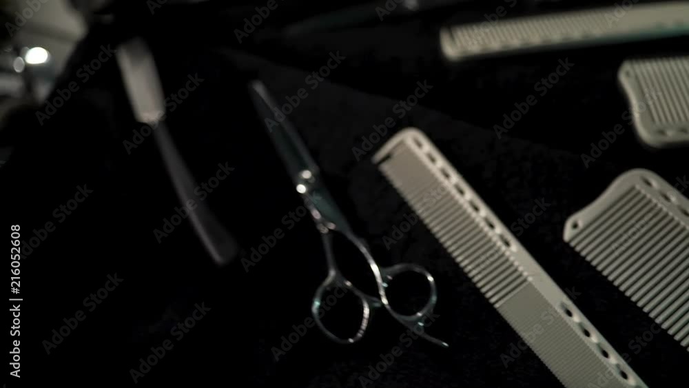 Video Stock Vintage barber shop tools, dark background, selective focus ...