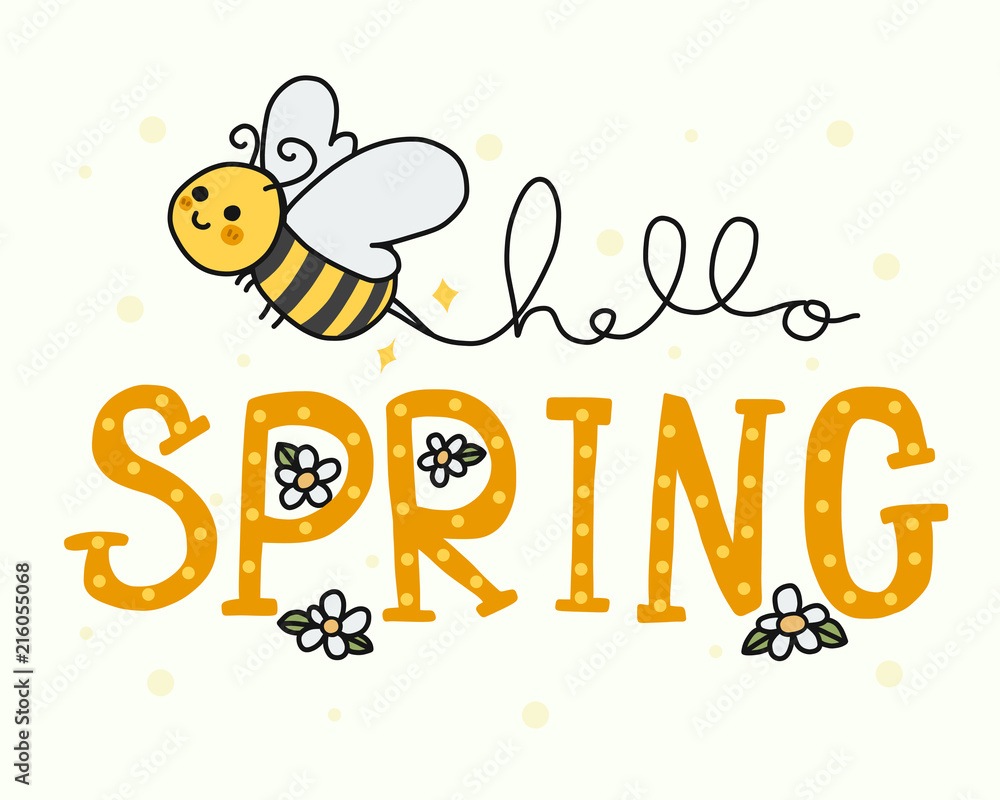 Hello spring cute bee doodle cartoon vector illustration Stock Vector ...