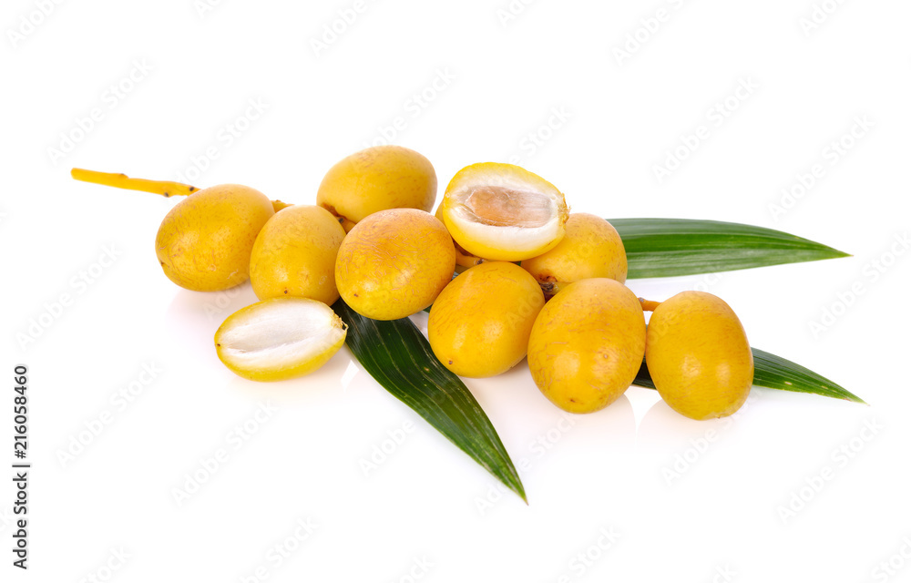 bunch of fresh yellow dates with leaf on white background Stock Photo ...