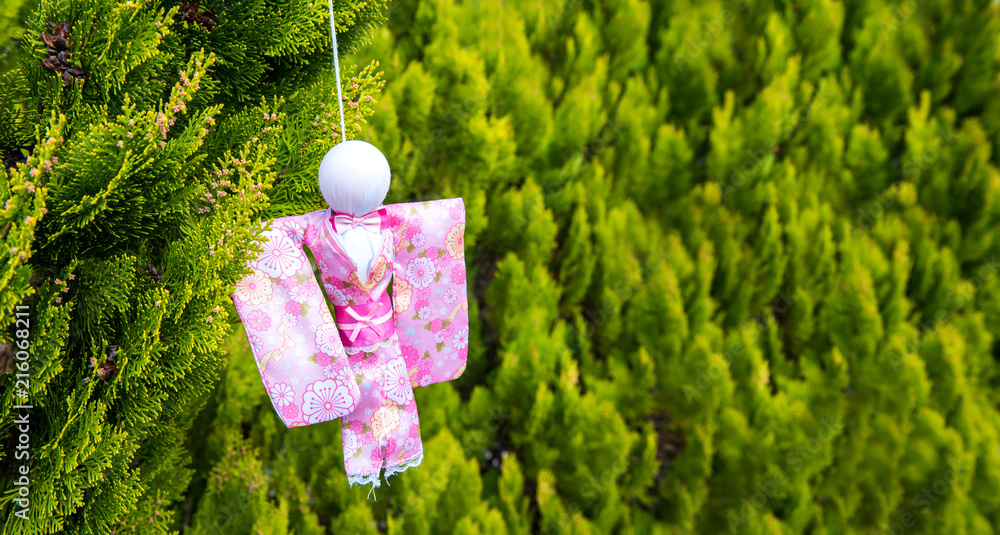 Teru Teru Bozu. Japanese Rain Doll wearing kimono, hanging on tree to ...