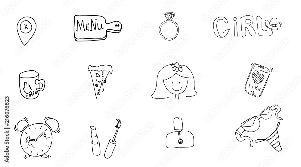 Girl's accessories. Girl signs and symbols. Hand drawn doodle vector ...