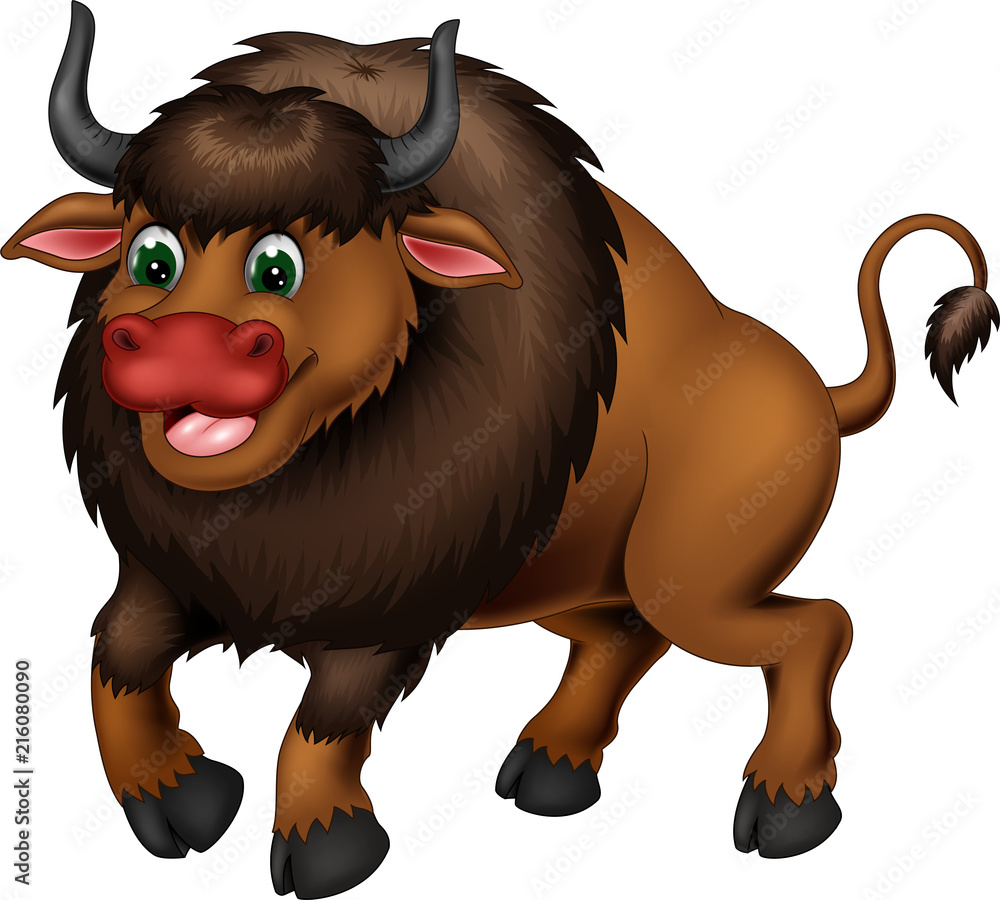 funny bison cartoon walking with smile on white background Stock Vector ...
