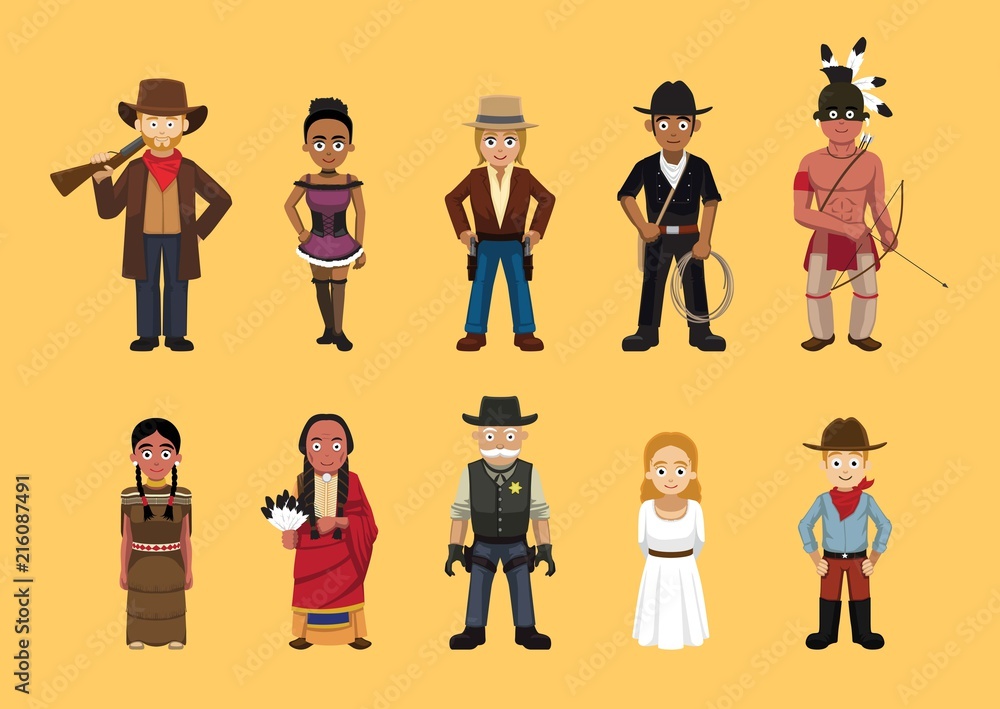 Western Wild West Cute Cartoon Characters Set Stock Vector | Adobe Stock