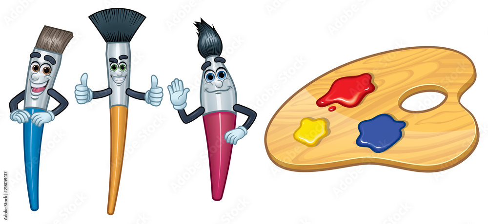 3 Cartoon Character Paint Brushes and color palette_Vector Illustration ...