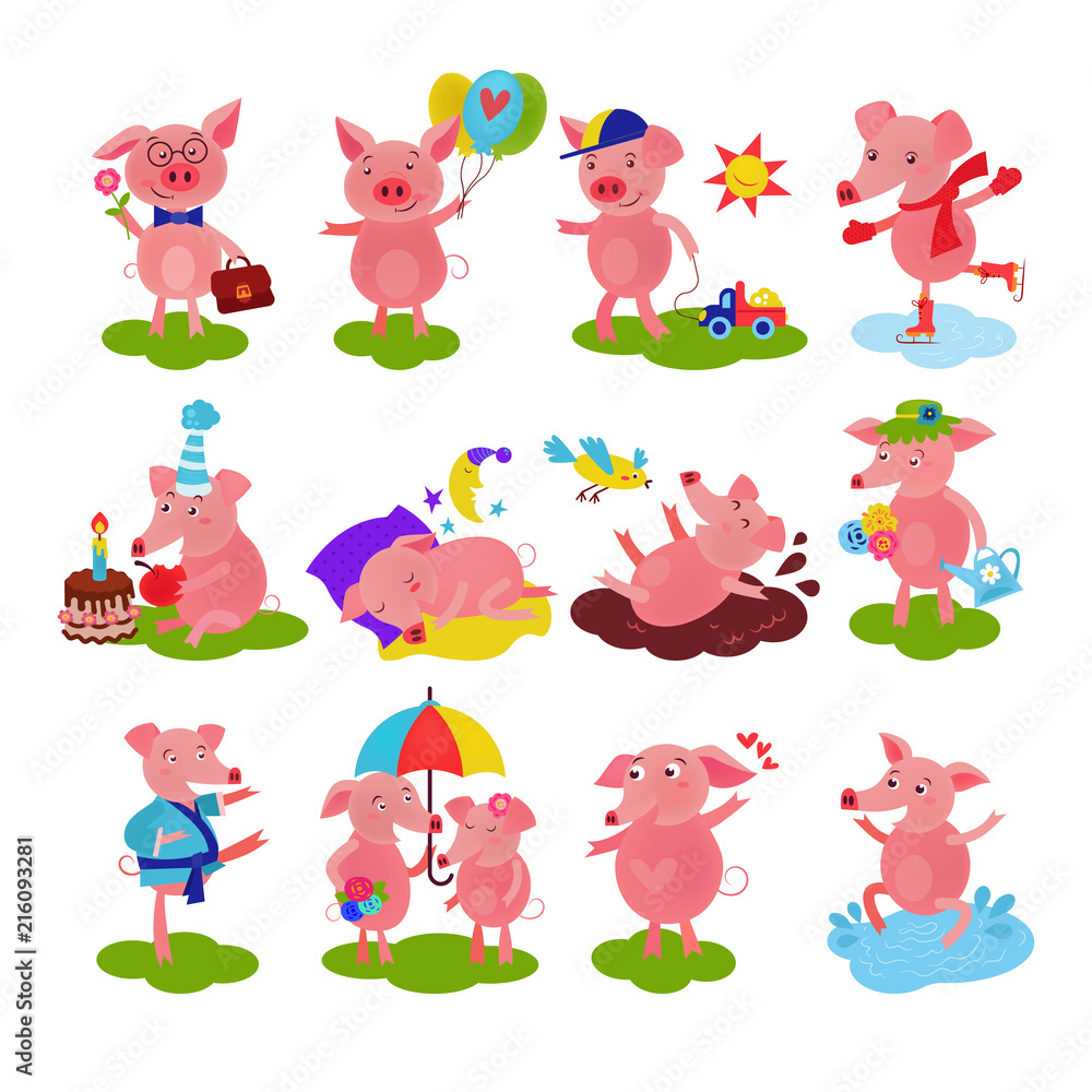 Cartoon pig vector piglet or piggy character on birthday and pink piggy ...