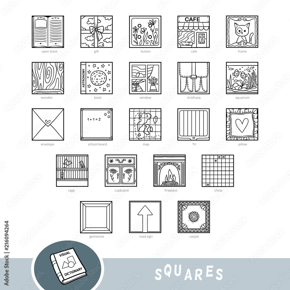 Black and white set of square shape objects. Visual dictionary for ...