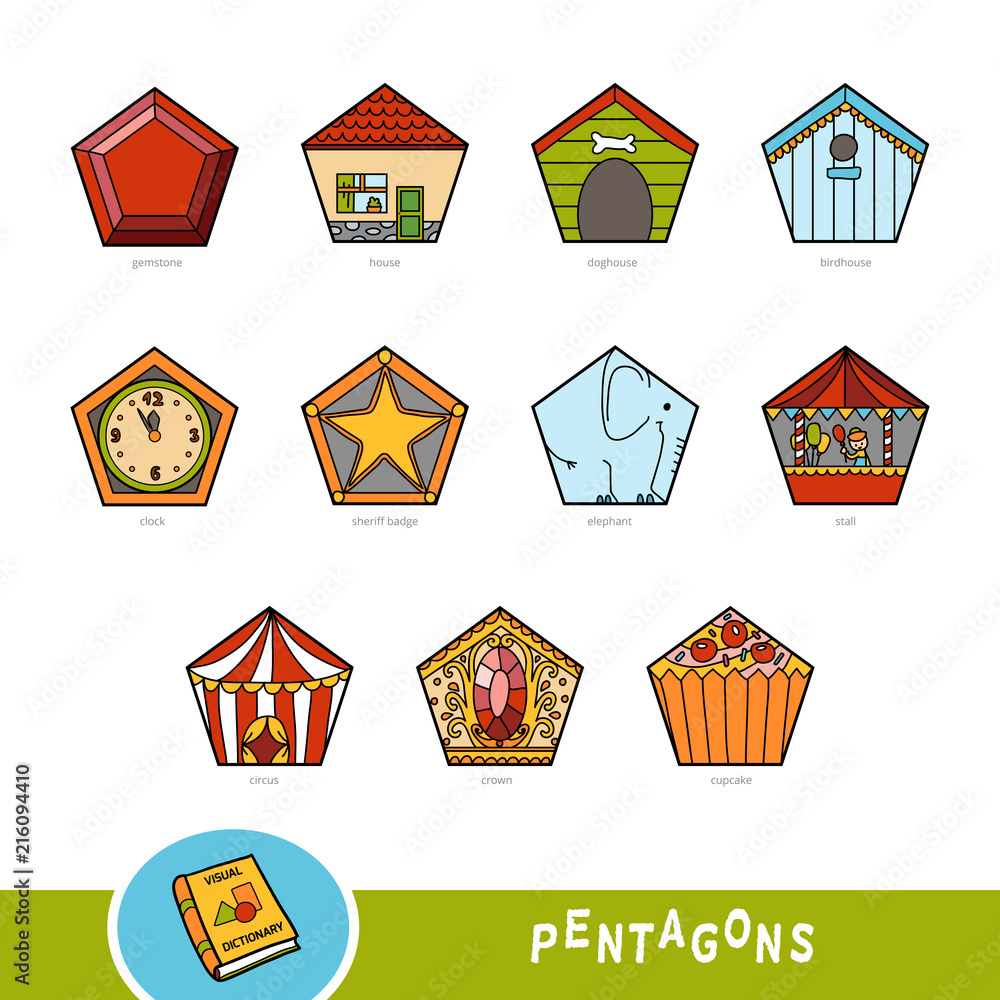 Colorful set of pentagon shape objects. Visual dictionary for children ...