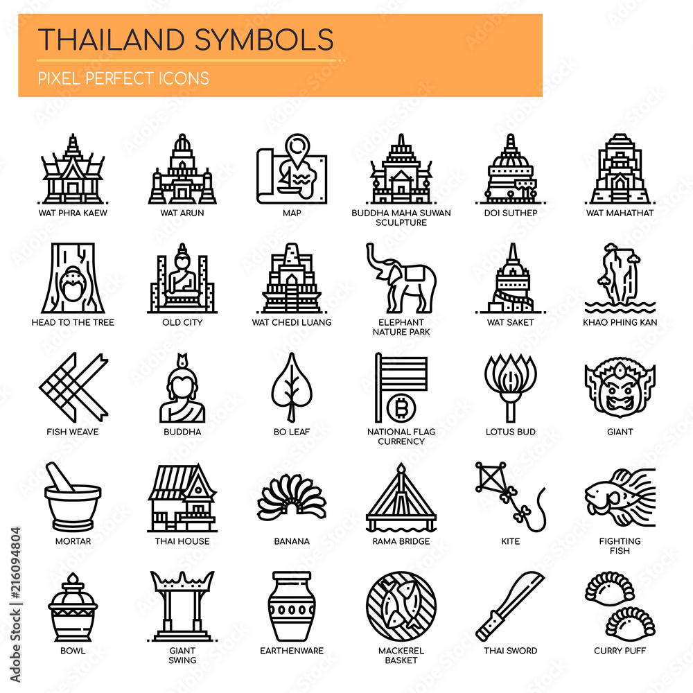 Thailand Symbols , Thin Line and Pixel Perfect Icons Stock Vector ...
