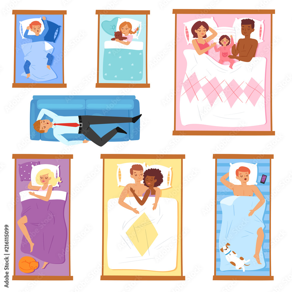 Sleeping people vector sleepy cartoon characters of man or woman and ...