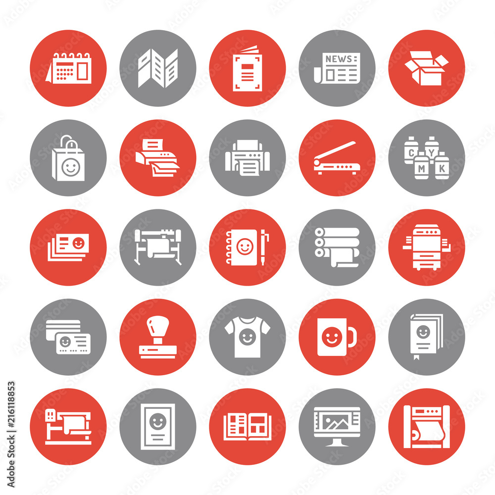Printing house flat glyph icons. Print shop equipment - printer ...