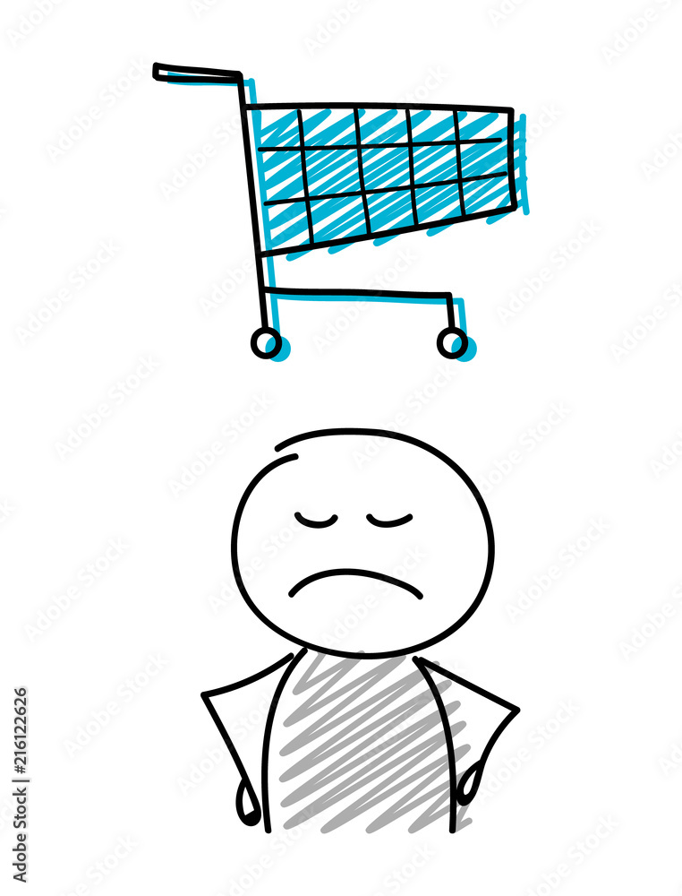 Stickman with angry facial expression holiding shopping cart icon ...