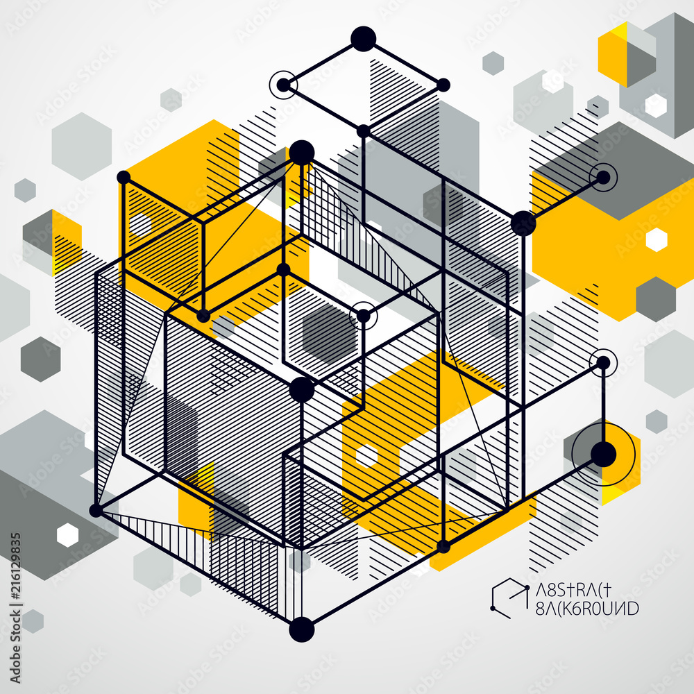 Trend isometric geometric pattern yellow background with bright blocks and cubes. Technical plan ...