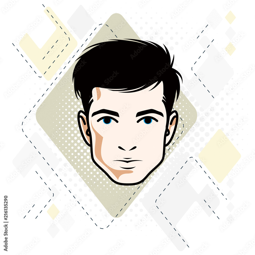 Vector illustration of handsome brunet male face, positive face ...