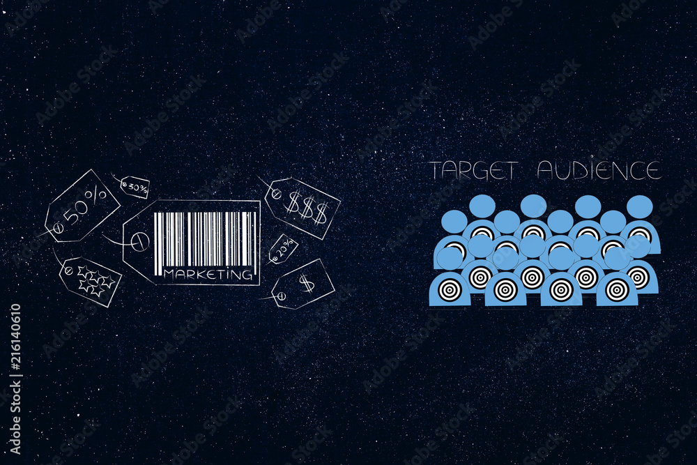 marketing price tag icons next to target audience Stock Illustration ...