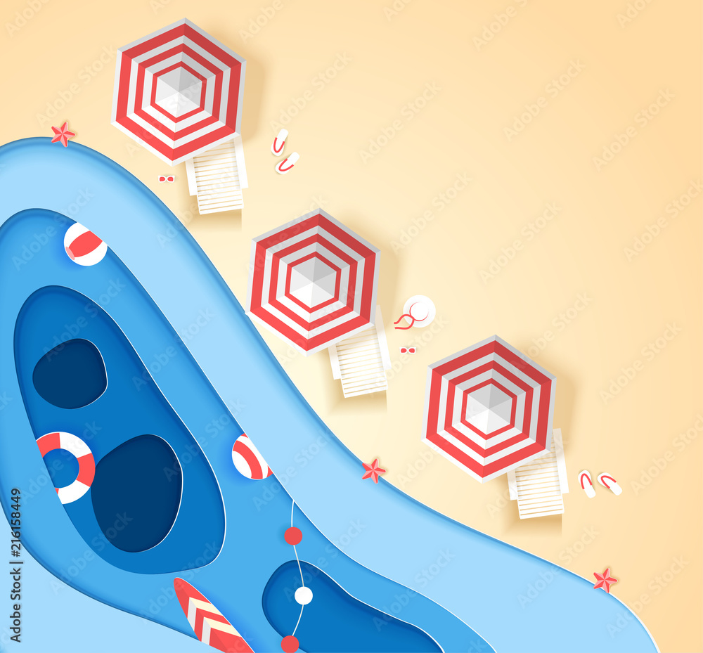 Tropical beach in paper art style. Vector top view paper cut ...