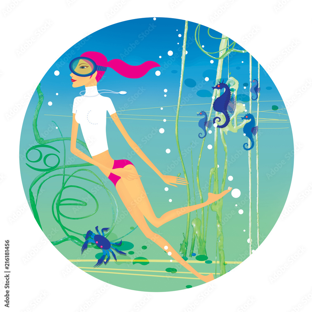 Zodiac sports lady. Cancer. A girl in a scuba mask engaged in diving ...