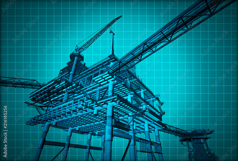 3D rendering , Oil rig constructtion plant with background world map on ...