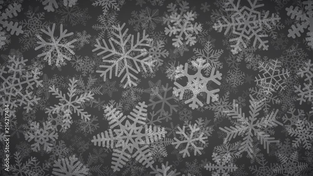 Christmas background of many layers of snowflakes of different shapes ...