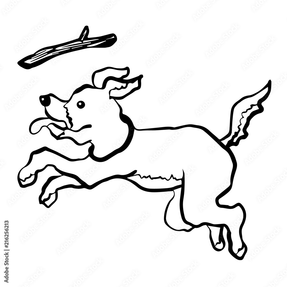 dog play catching frisbee branch vector illustration hand drawing Stock ...
