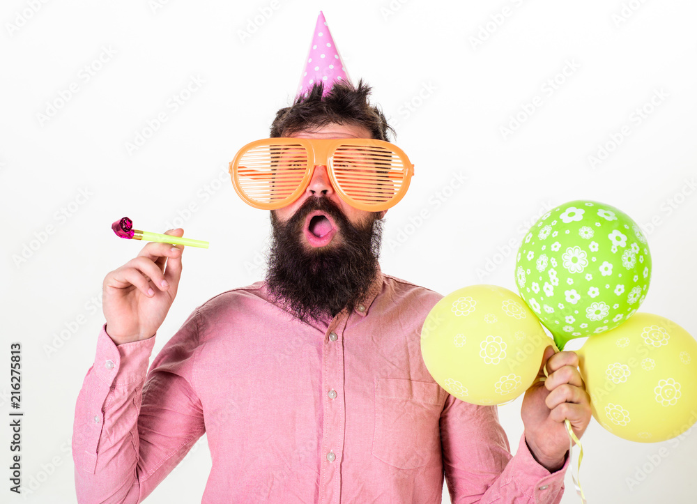 Surprise concept. Hipster in giant sunglasses celebrating birthday. Guy ...