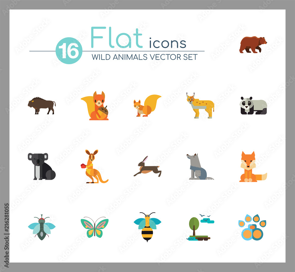 Wild Animals Icon Set. Bear Paw Trace Koala Hare Lynx Fox Squirrel ...