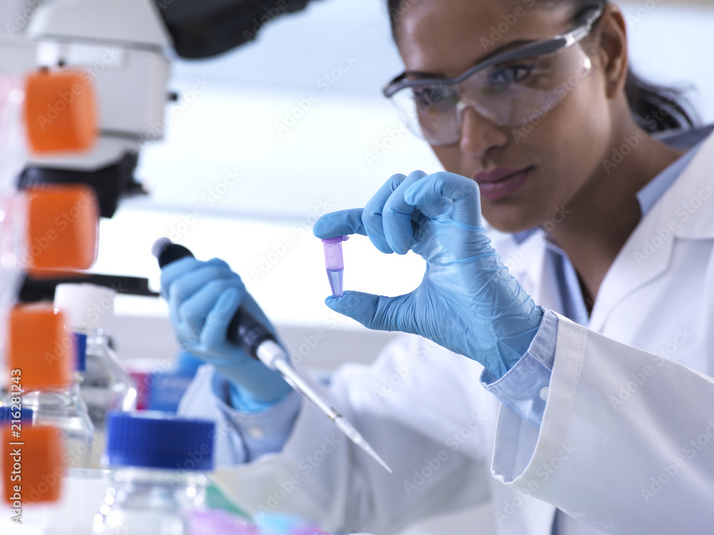Genetic research, female scientist viewing sample in a eppendorf vial ...