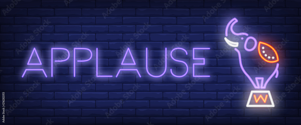 Applause neon style banner. Text and circus elephant on brick ...