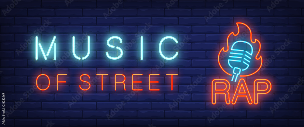 Music of street, rap neon style banner. Text and microphone on fire on ...