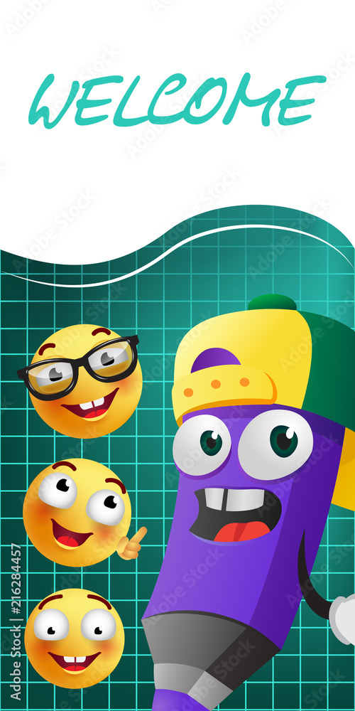 Welcome lettering with cartoon pencil character and emojies. Offer or ...