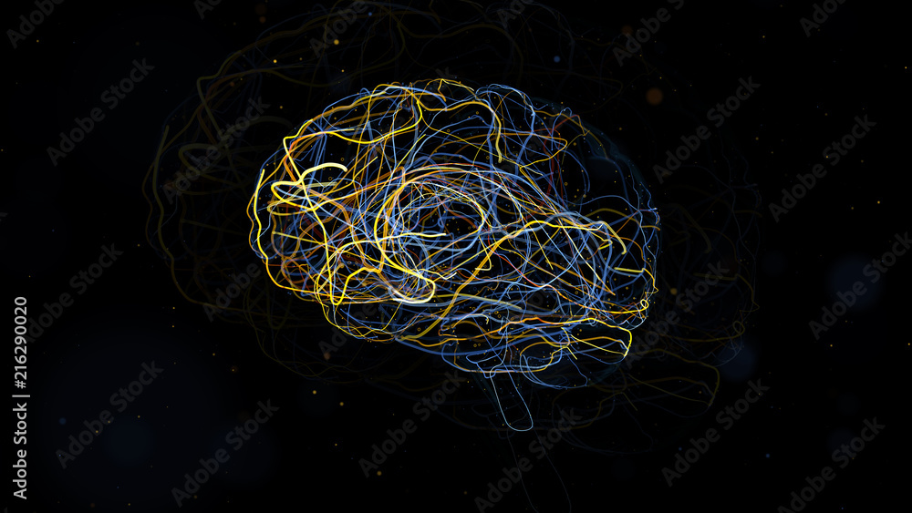 3d render of brain form with a lot of particles. Particles follow brain ...