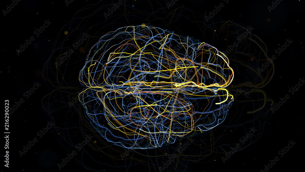 3d render of brain form with a lot of particles. Particles follow brain ...