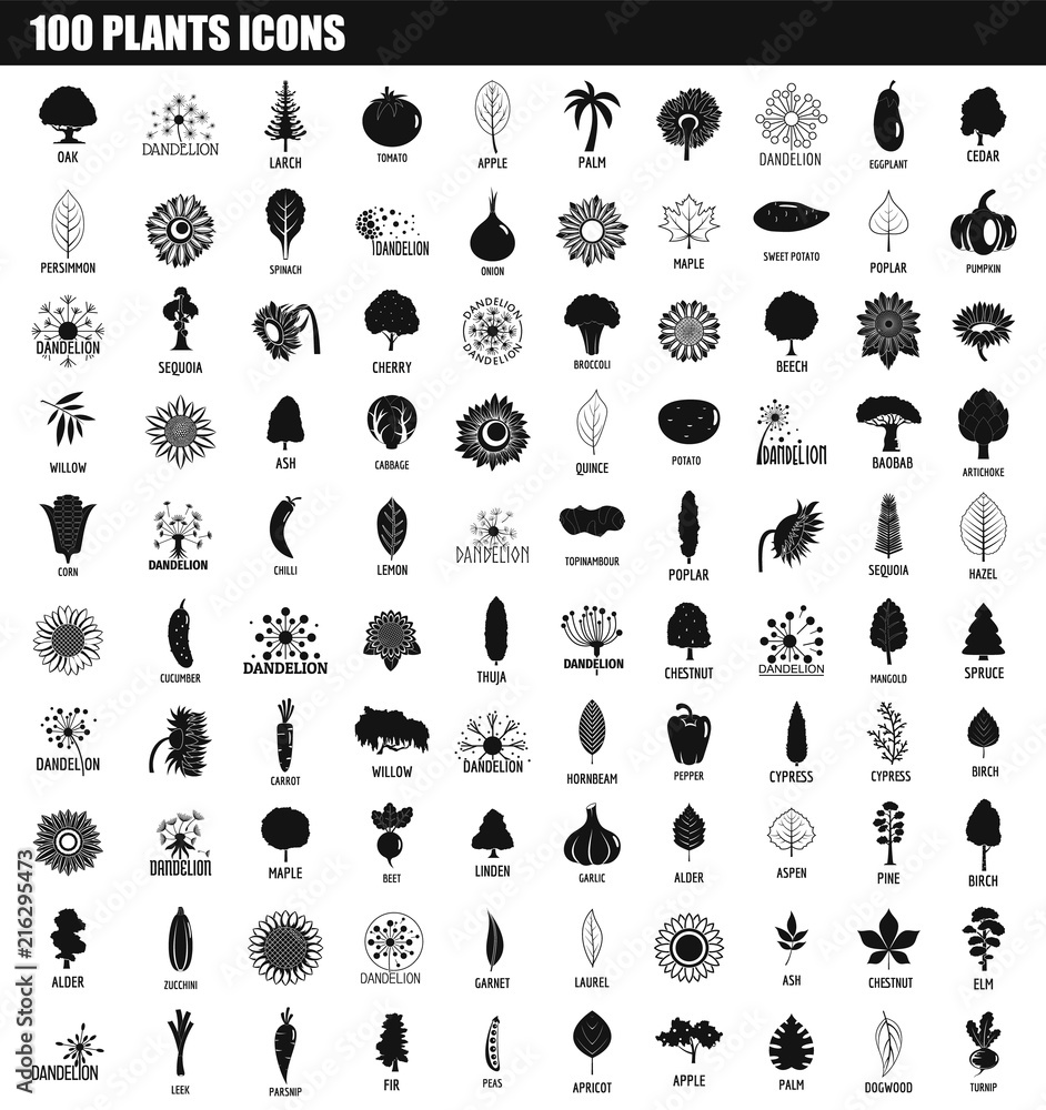 100 plants icon set. Simple set of 100 plants vector icons for web ...