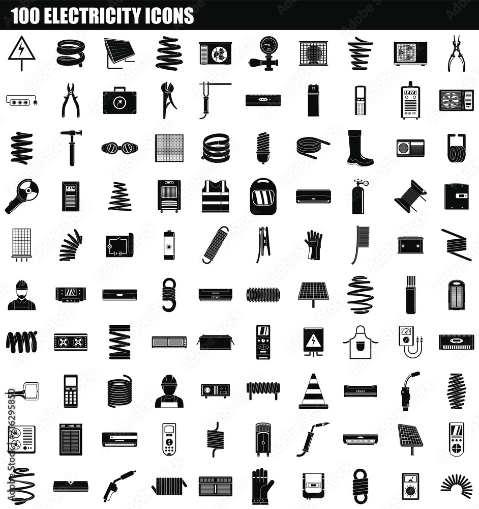 100 electricity icon set. Simple set of 100 electricity vector icons ...