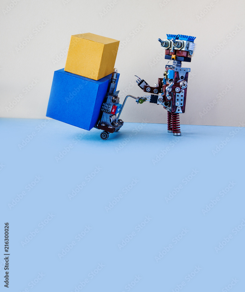 Robotic logistic delivery service concept. Robot moving containers with ...