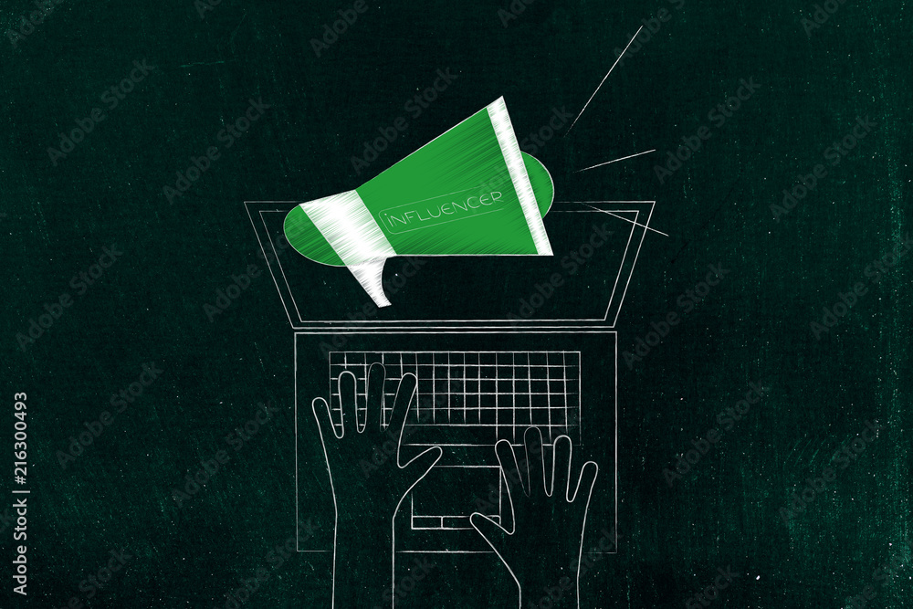 influencer megaphone popping out of laptop screen from above Stock ...