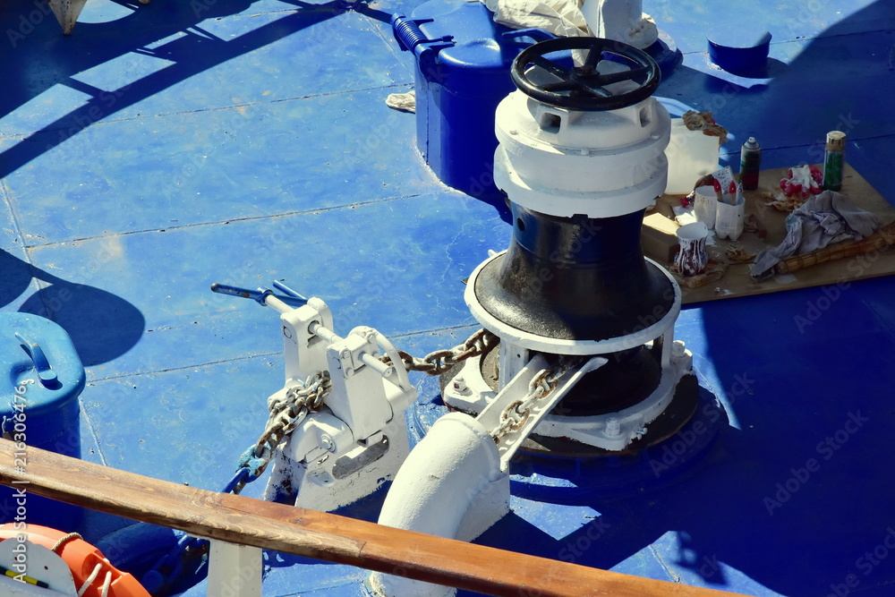 mooring winch, mooring windlass rope anchor at ship forward in shipyard ...