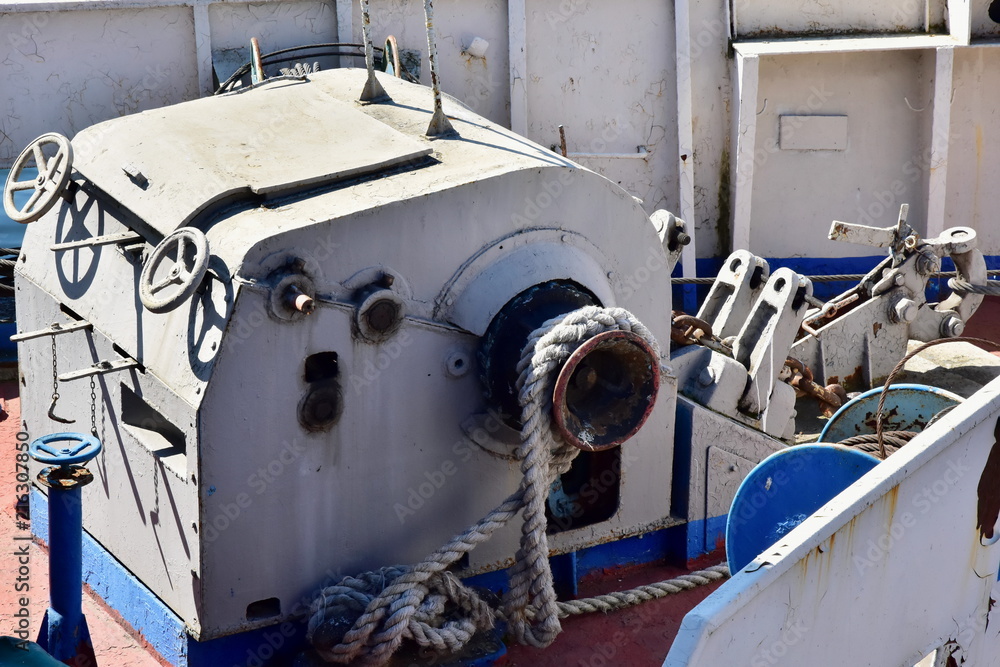 mooring winch, mooring windlass rope anchor at ship forward in shipyard ...