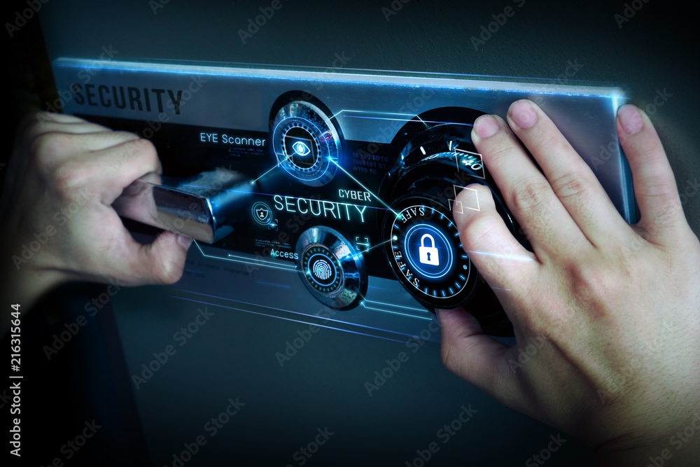 Foto de Man Hand open Safe with Cyber security protect concept, eye ...