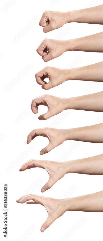 Various phases of holding/seizing hand gestures, isolated on white ...