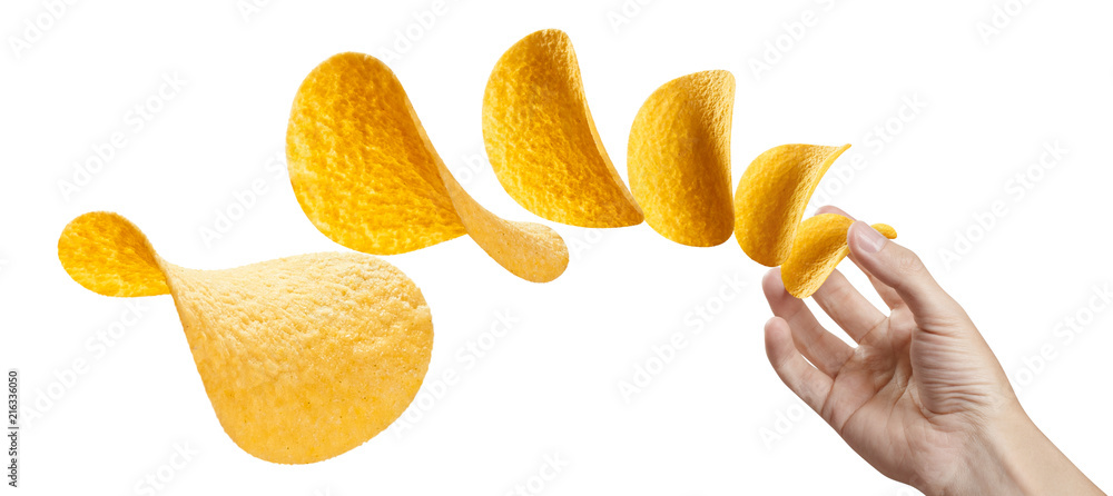 Hand throwing potato chips, isolated on white background Stock Photo ...